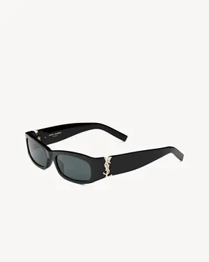 Saint Laurent Rectangular Acetate Sunglasses With Gold Tone Monogram - Black