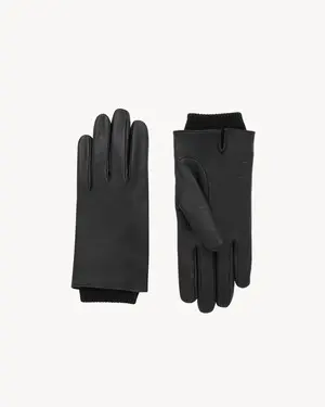 Saint Laurent Cassandre Cuffed Gloves In Leather And Wool - Black