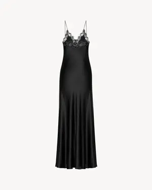 Saint Laurent Silk Satin And Lace Maxi Slip Dress