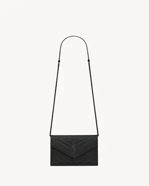 Saint Laurent Cassandre Envelope Chain Wallet In Grain De Poudre Leather - Black