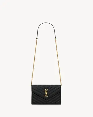 Saint Laurent Cassandre Envelope Chain Wallet In Lambskin - Black