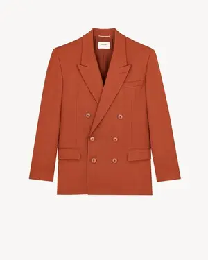 Saint Laurent Double-breasted Jacket In Wool Gabardine - Brique