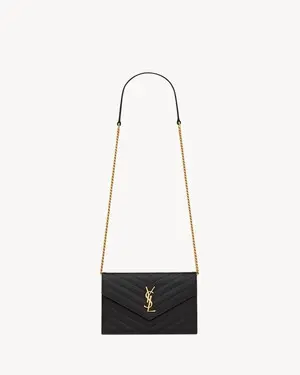 Saint Laurent Cassandre Envelope Chain Wallet In Grain De Poudre Leather - Black