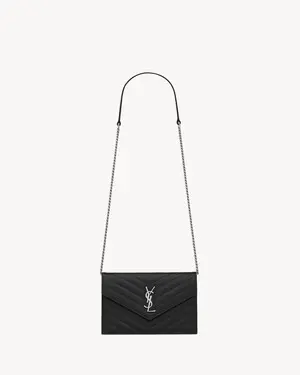 Saint Laurent Cassandre Envelope Chain Wallet In Grain De Poudre Leather - Black