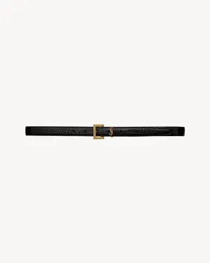 Saint Laurent Cassandre Thin Belt In Crocodile-embossed Leather - Black