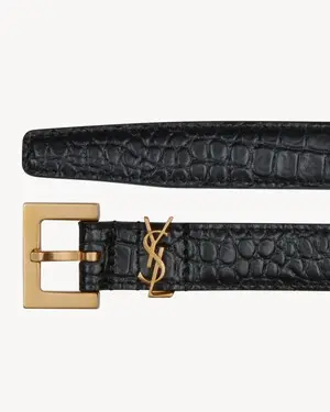 Saint Laurent Cassandre Thin Belt In Crocodile-embossed Leather - Black