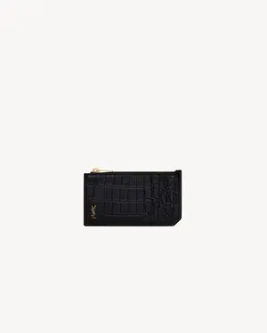 Saint Laurent Tiny Cassandre Fragments Zip Card Case In Crocodile-embossed Matte Leather - Black