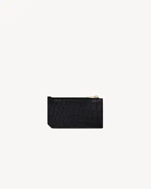 Saint Laurent Tiny Cassandre Fragments Zip Card Case In Crocodile-embossed Matte Leather