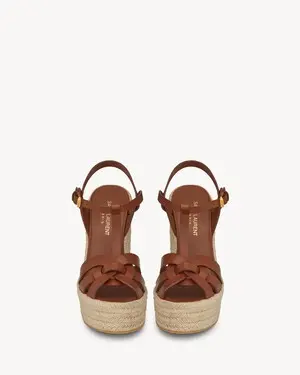 Saint Laurent Tribute Espadrille Wedge Sandals In Smooth Leather - Amber
