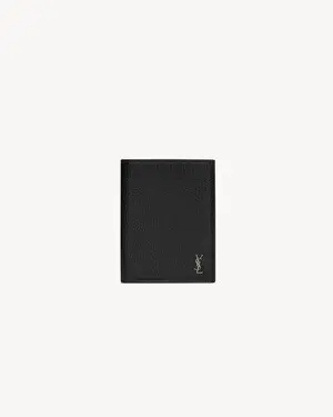 Saint Laurent Tiny Cassandre Credit Card Wallet In Grained Leather - Black