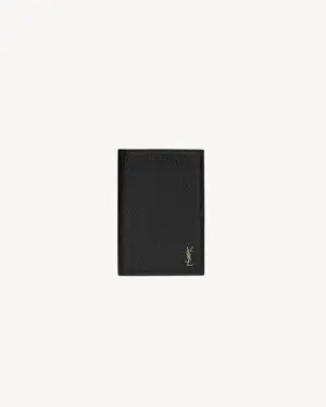 Saint Laurent Tiny Cassandre Credit Card Wallet In Grained Leather - Black