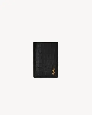 Saint Laurent Tiny Cassandre Credit Card Wallet In Crocodile-embossed Matte Leather - Black