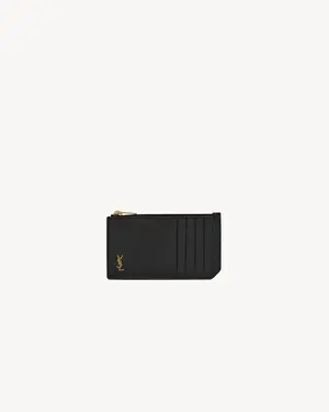 Saint Laurent Tiny Cassandre Zipped Fragments Credit Card Case In Shiny Leather - Black