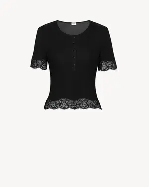 Saint Laurent Ribbed Silk Jersey T-shirt With Lace Trim