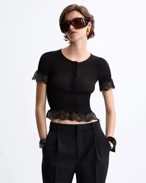 Saint Laurent Ribbed Silk Jersey T-shirt With Lace Trim
