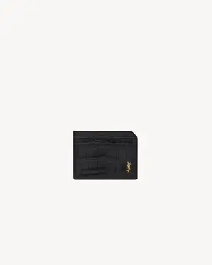 Saint Laurent Tiny Cassandre Open Card Case In Matte Crocodile-embossed Leather - Black