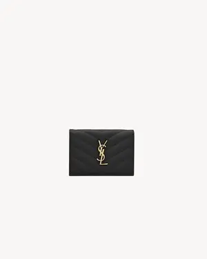 Saint Laurent Cassandre Matelassé Business Card Case In Grain De Poudre Leather - Black