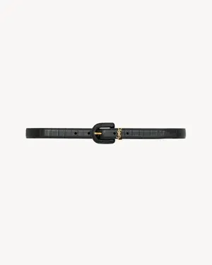 Saint Laurent Cassandre Thin Belt In Crocodile-embossed Leather - Black