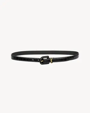 Saint Laurent Cassandre Thin Belt In Crocodile-embossed Leather