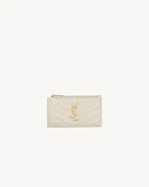 Saint Laurent Cassandre Matelassé Fragments Card Case In Grain De Poudre Leather - White