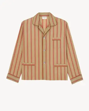 Saint Laurent Pajama Top In Striped Cupro Twill - Beige/rouge/tabac