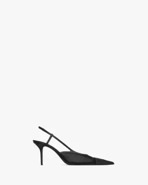 Saint Laurent Renée Slingback Pumps In Mesh With Stiletto Heel And Cap Toe - Black