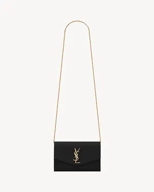 Saint Laurent Uptown Chain Wallet In Grain De Poudre Embossed Leather - Black