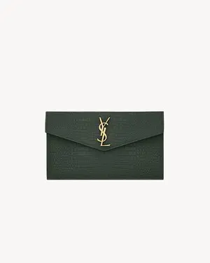 Saint Laurent Ptown Pouch In Crocodile-embossed Shiny Leather - Mint