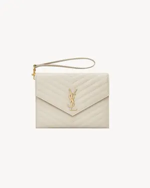 Saint Laurent Cassandre Matelassé Flap Pouch In Grain De Poudre Leather - White