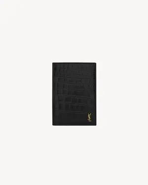 Saint Laurent Tiny Cassandre Passport Case In Crocodile-embossed Leather - Black