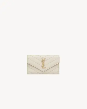 Saint Laurent Cassandre Matelassé Fragments Flap Card Case In Grain De Poudre Leather - White