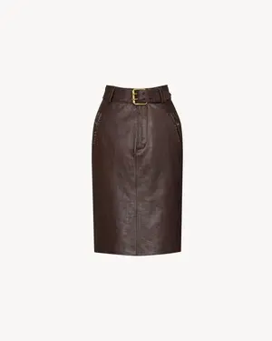 Saint Laurent Belted Pencil Skirt In Creased Leather - Marron Fonce