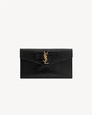 Saint Laurent Ptown Pouch In Crocodile-embossed Shiny Leather - Black
