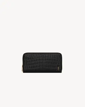 Saint Laurent Tiny Cassandre Zip-around Wallet In Crocodile-embossed Matte Leather - Black