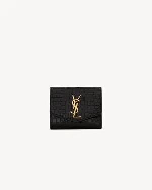 Saint Laurent One Sizeptown Compact Wallet In Crocodile-embossed Shiny Leather - Black