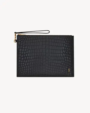 Saint Laurent Tiny Cassandre Zip Tablet Holder In Crocodile-embossed Leather - Black