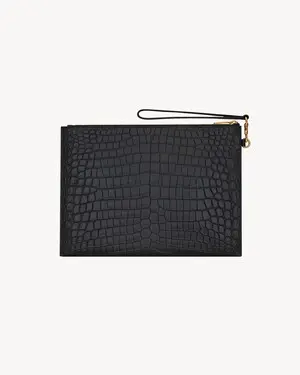 Saint Laurent Tiny Cassandre Zip Tablet Holder In Crocodile-embossed Leather