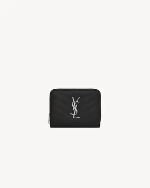 Saint Laurent Cassandre Matelassé Compact Zip Around Wallet In Grain De Poudre Leather - Black