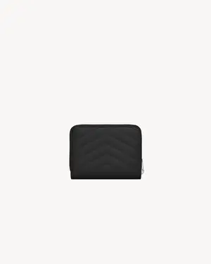 Saint Laurent Cassandre Matelassé Compact Zip Around Wallet In Grain De Poudre Leather - Black