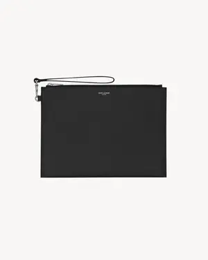 Saint Laurent Zipped Tablet Holder In Grain De Poudre Leather - Black