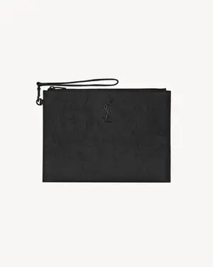 Saint Laurent Cassandre Zipped Tablet Holder In Crocodile-embossed Leather - Black