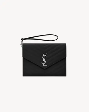 Saint Laurent Cassandre Matelassé Flap Pouch In Grain De Poudre Leather - Black