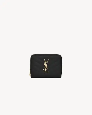 Saint Laurent Cassandre Matelassé Compact Zip Around Wallet In Grain De Poudre Leather - Black