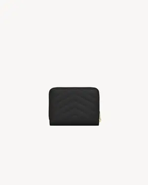 Saint Laurent Cassandre Matelassé Compact Zip Around Wallet In Grain De Poudre Leather - Black