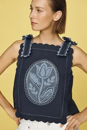 Maeve Cotton Linen Tie-shoulder Tank Top - Navy