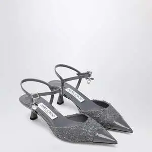 JIMMY CHOO Graphite Leather And Fabric Slingbacks With Pearl Charm