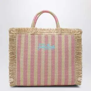 MC2 SAINT BARTH Colette Striped Straw-effect Fabric Bag With Fringe And Embroidery