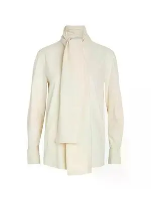 Another Tomorrow Detachable Scarf Collar Long Sleeve Blouse - Neutrals