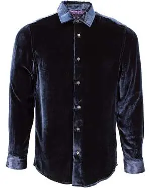 LORDS OF HARLECH Ned Velvet Shirt Navy - Blue