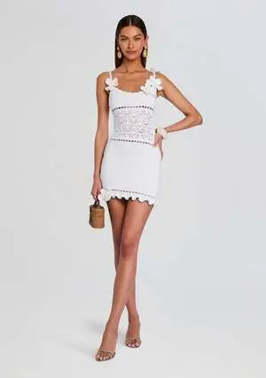 Retrofete Orleane Crochet Mini Dress With Floral Embellishments - White